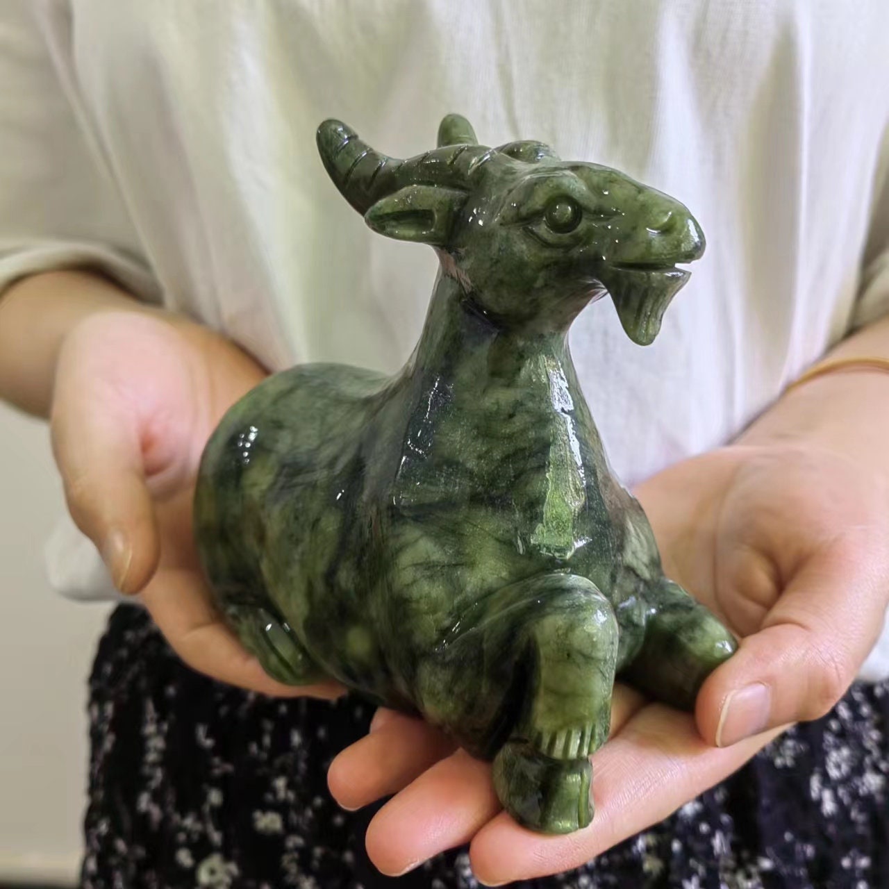 Natural Green Jade Carved 12 Zodiac Year Ram Animal Lucky Sculpture ...