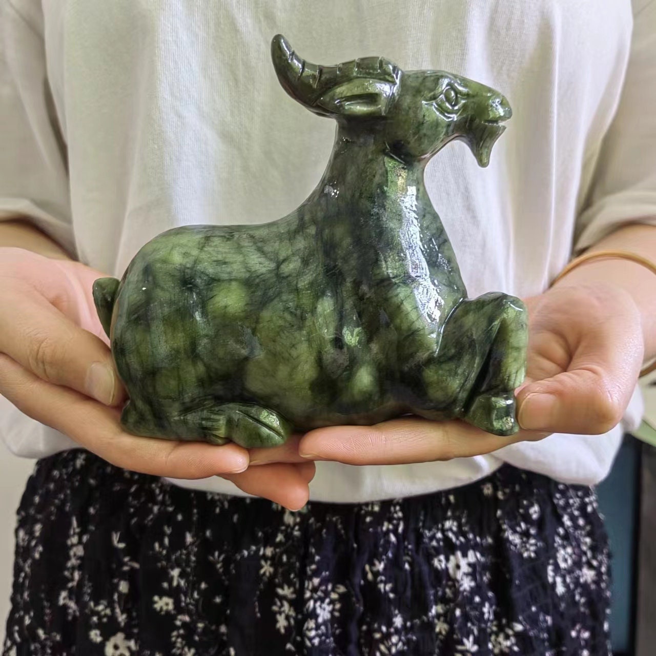 Natural Green Jade Carved 12 Zodiac Year Ram Animal Lucky Sculpture ...