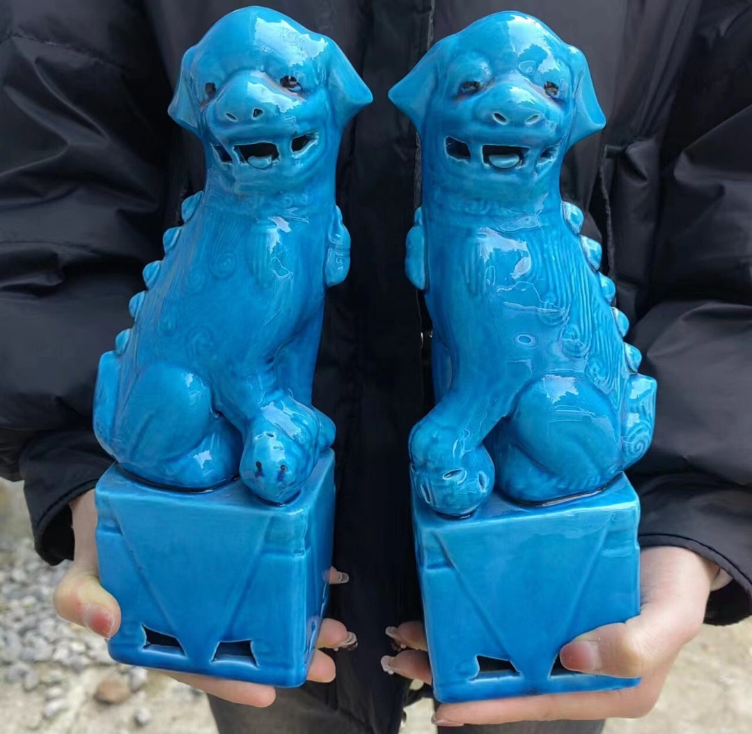 Pair Blue Ceramic Foo Dogs, Chinese Feng Shui Statues - Etsy