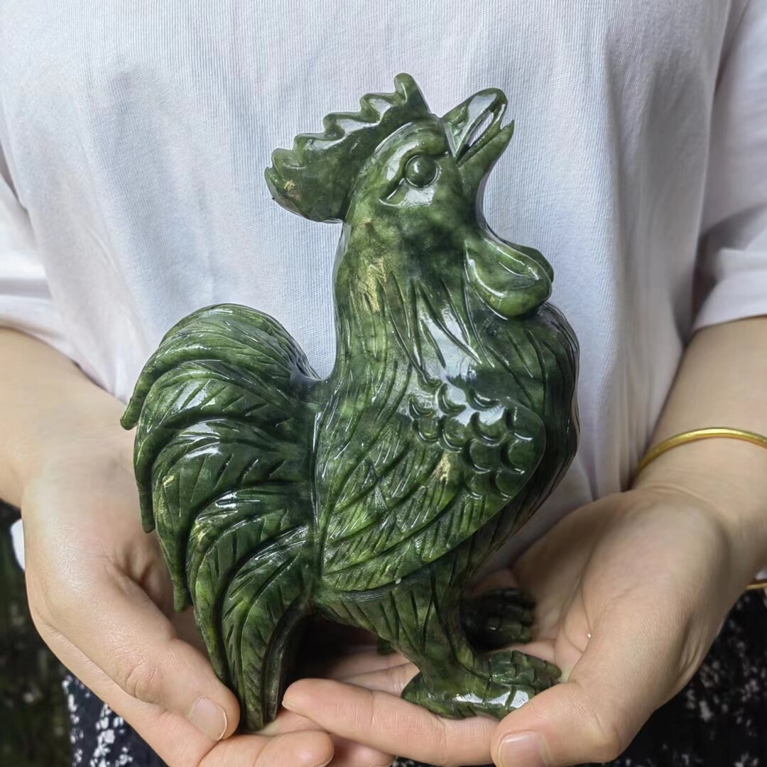 Natural Green Jade Carved 12 Zodiac Year Rooster Animal Lucky Sculpture ...