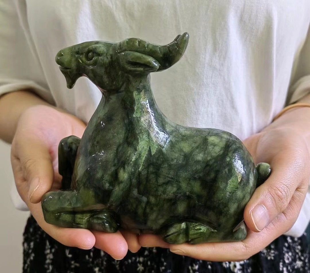 Natural Green Jade Carved 12 Zodiac Year Ram Animal Lucky Sculpture ...