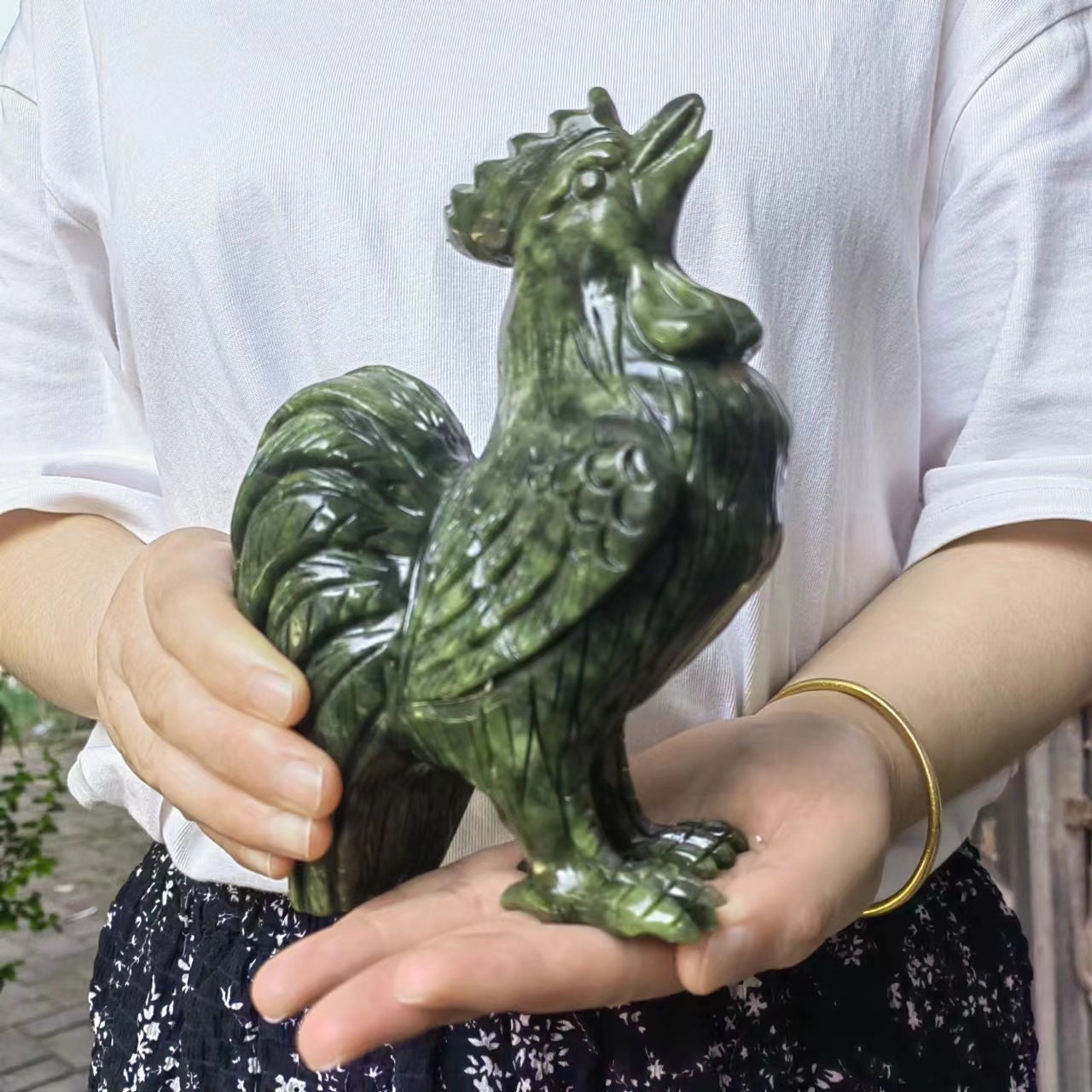 Natural Green Jade Carved 12 Zodiac Year Rooster Animal Lucky Sculpture ...
