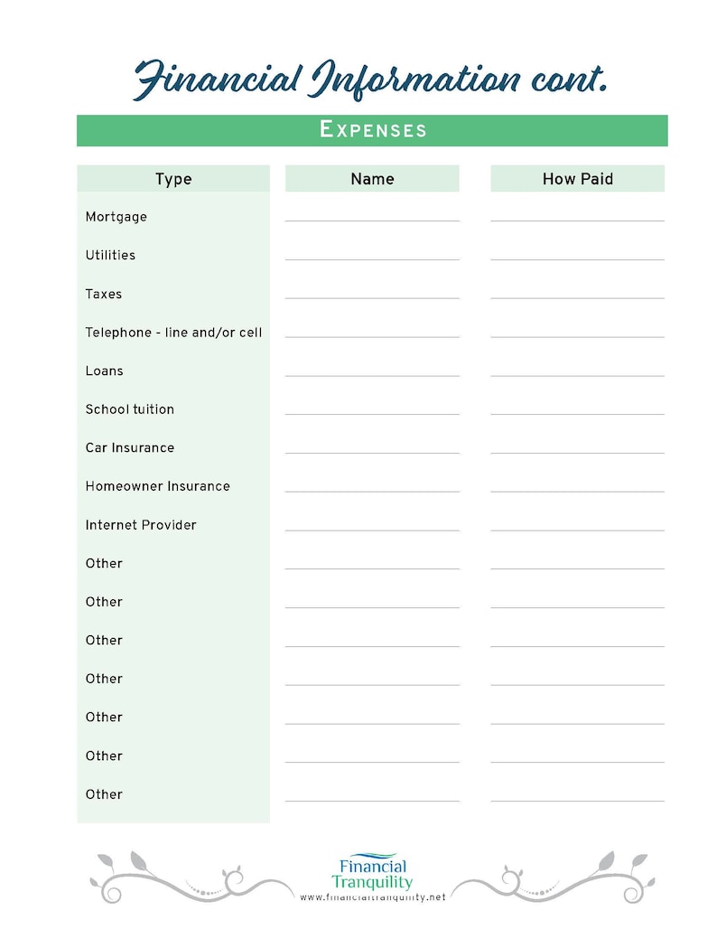 Financial Check List (fillable). End of Life Financial Iinfo. Track ...