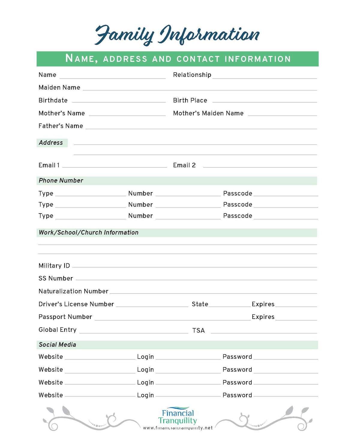 Family Information Check List (fillable) for End of Life Planning ...