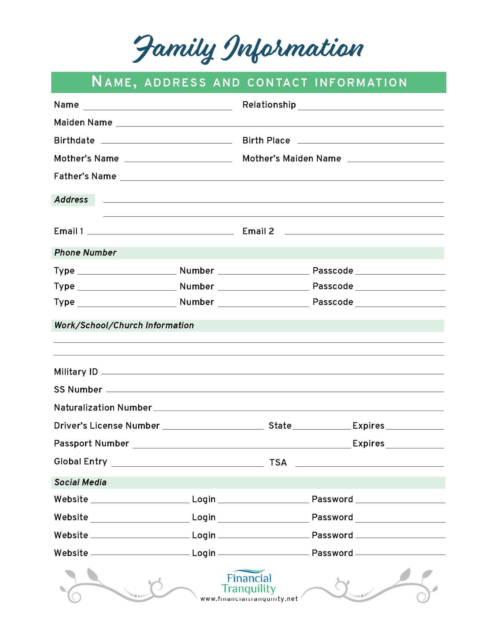 Family Information Check List (fillable) for End of Life Planning ...