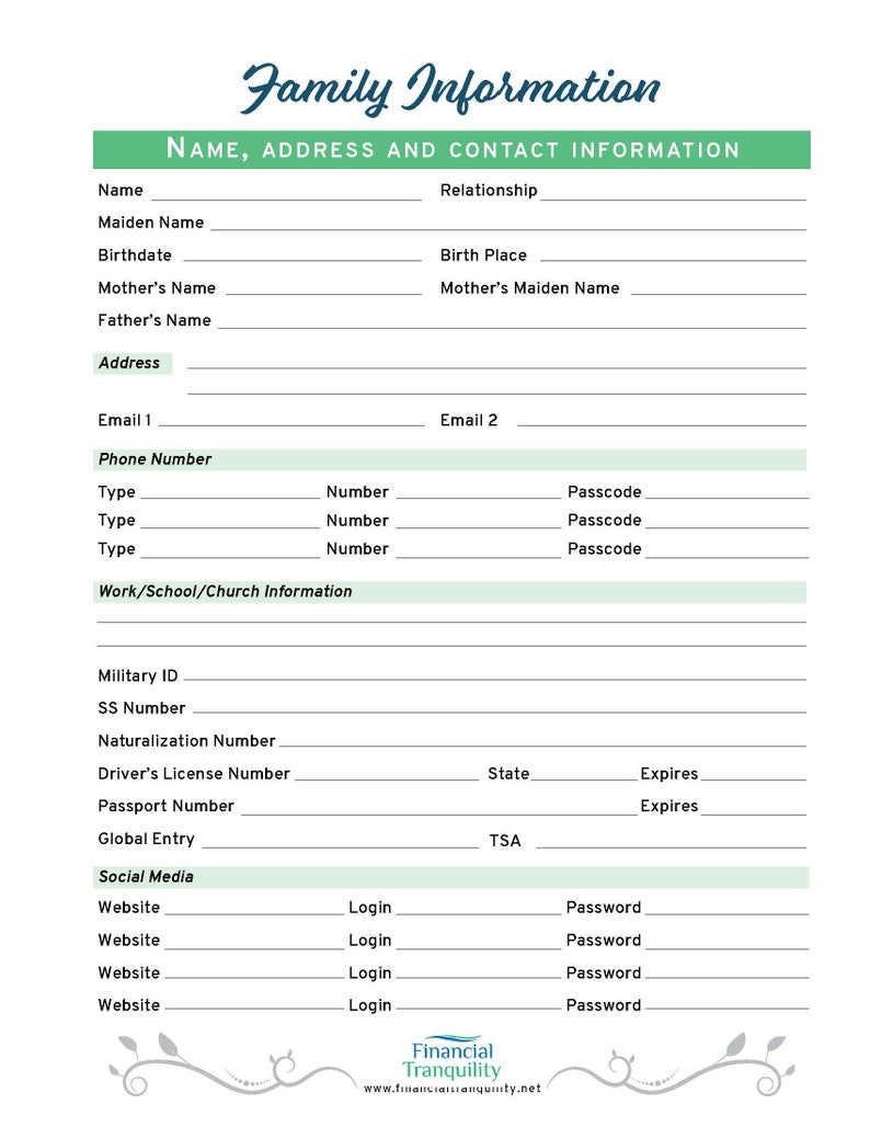 Family Information Check List (fillable) for End of Life Planning ...