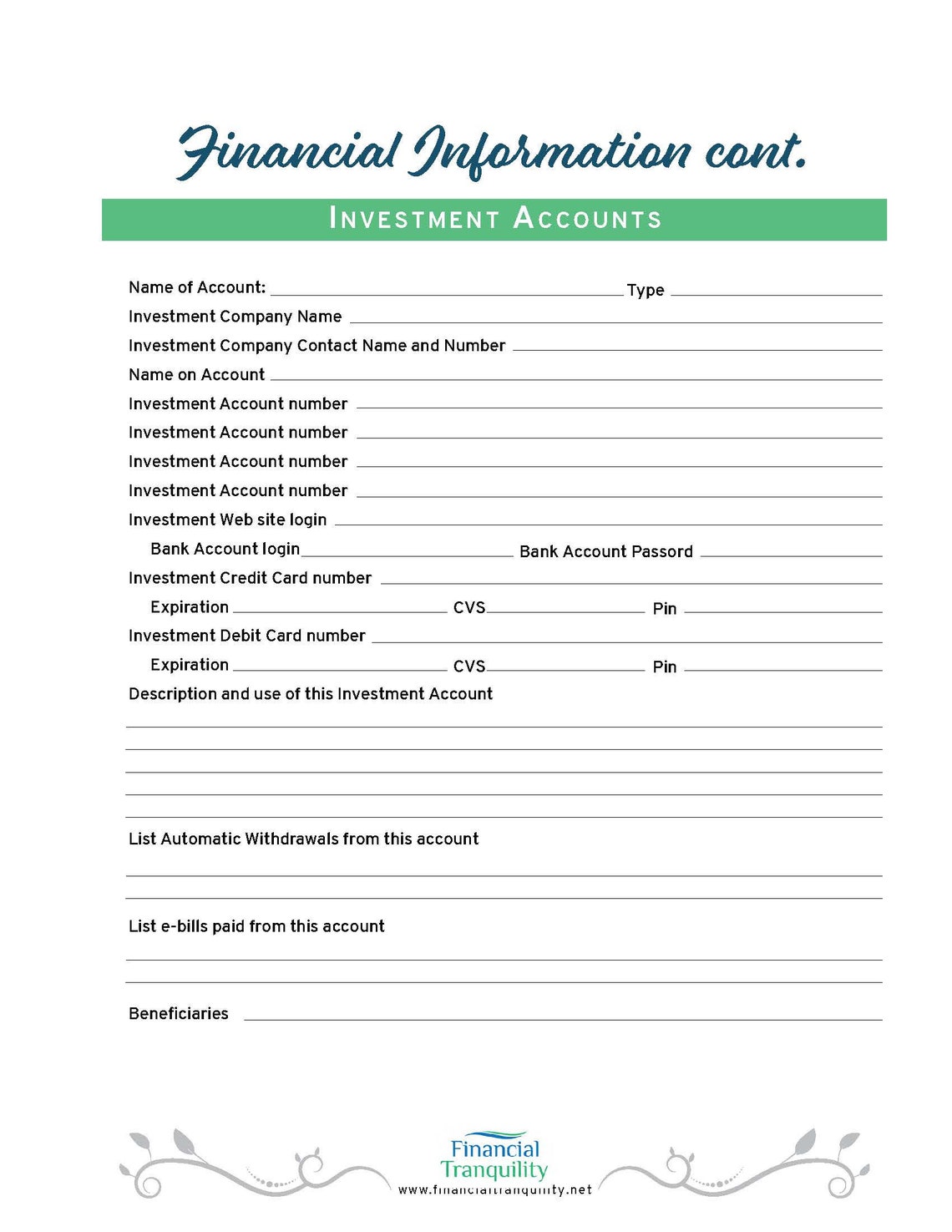 Financial Check List (fillable). End of Life Financial Iinfo. Track ...
