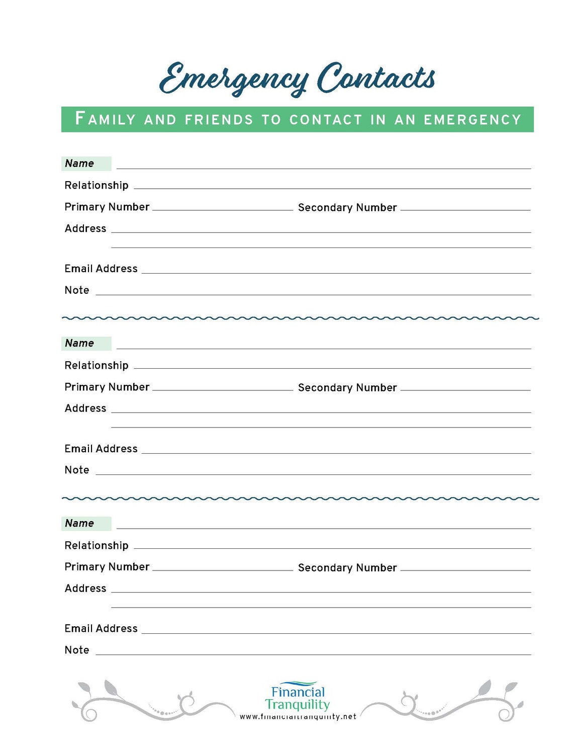 Emergency Contact List (fillable) - for Keeping Track of Contact ...