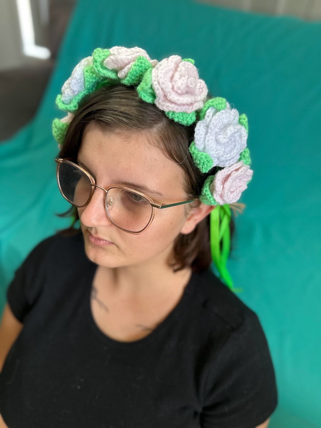 Crochet Flower Crown 6 Pink and White Roses - Etsy