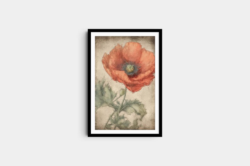 Vintage Poppy Flower Painting, Printable Wall Art, Vintage Farmhouse ...