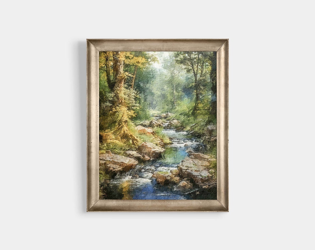 Forest Stream Oil Painting, Printable Wall Art, Vintage Farmhouse Style ...