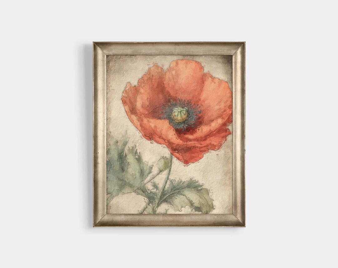 Vintage Poppy Flower Painting, Printable Wall Art, Vintage Farmhouse ...