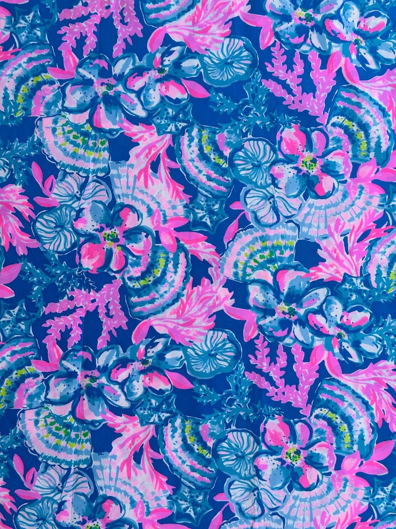 Fabric “ Pink With Blue Seashell ” # 200 LP - Cotton Poplin - Etsy