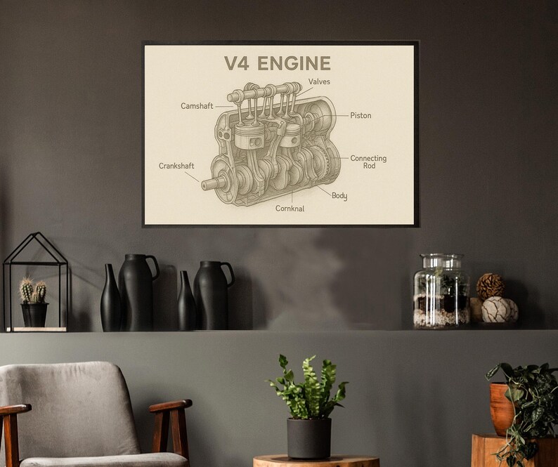 V4 Engine Cutaway Blueprint | Vintage Engineering Print (digital ...