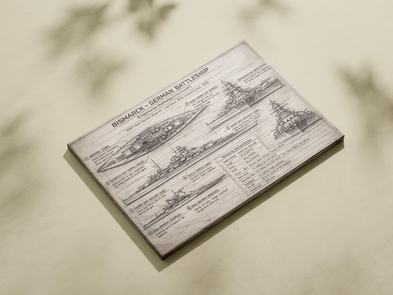 Bismarck WWII German Battleship Hand-drawn Technical Blueprint Naval ...
