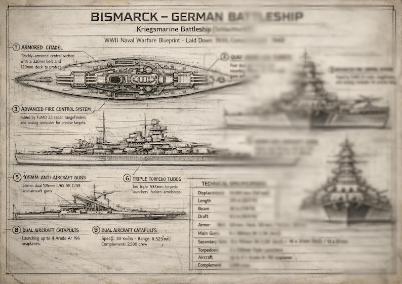Bismarck WWII German Battleship Hand-drawn Technical Blueprint Naval ...
