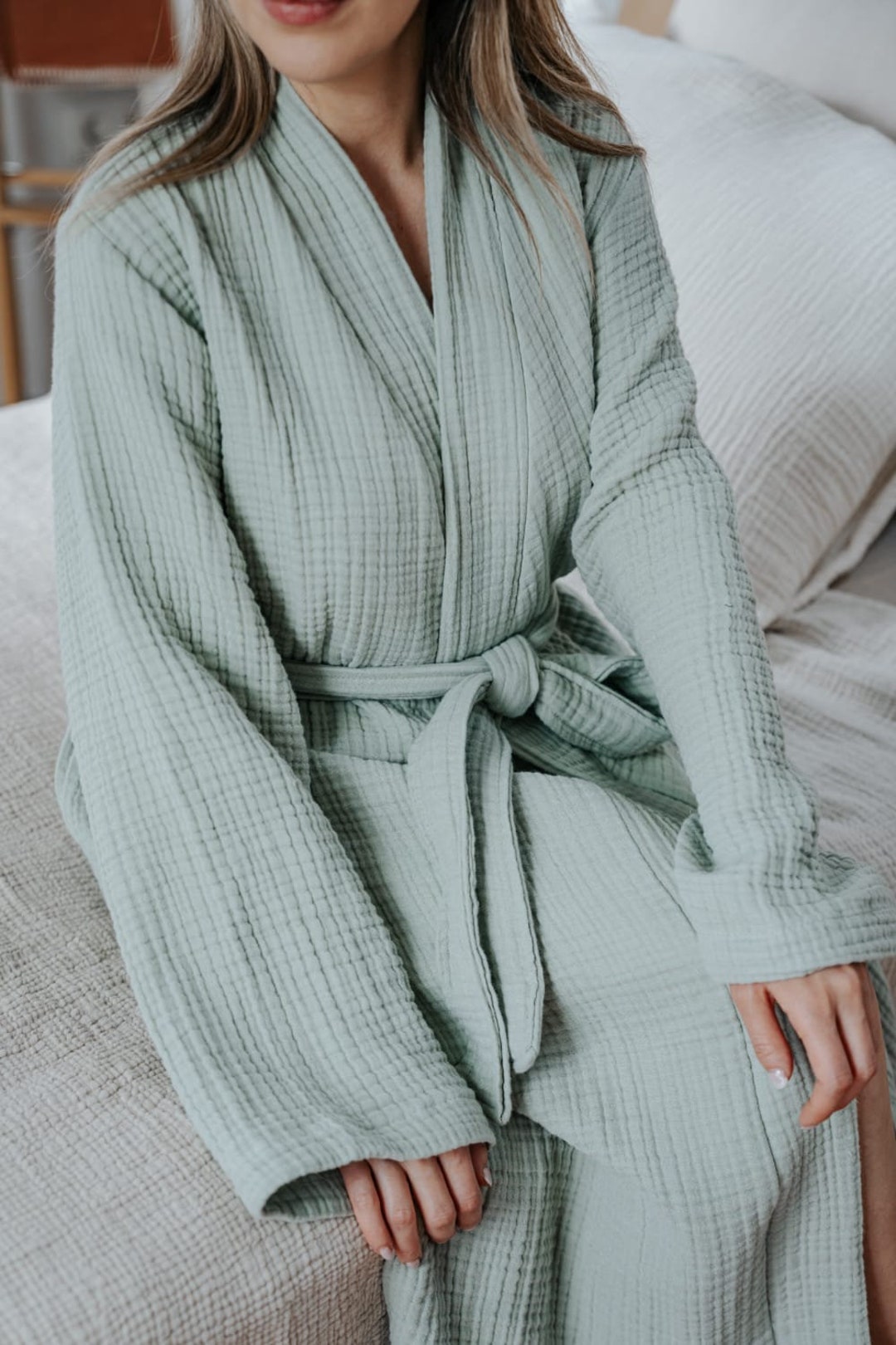 Muslin Kimono Robe: 4-layer Turkish Cotton Unisex Mint Colour Bathrobe ...