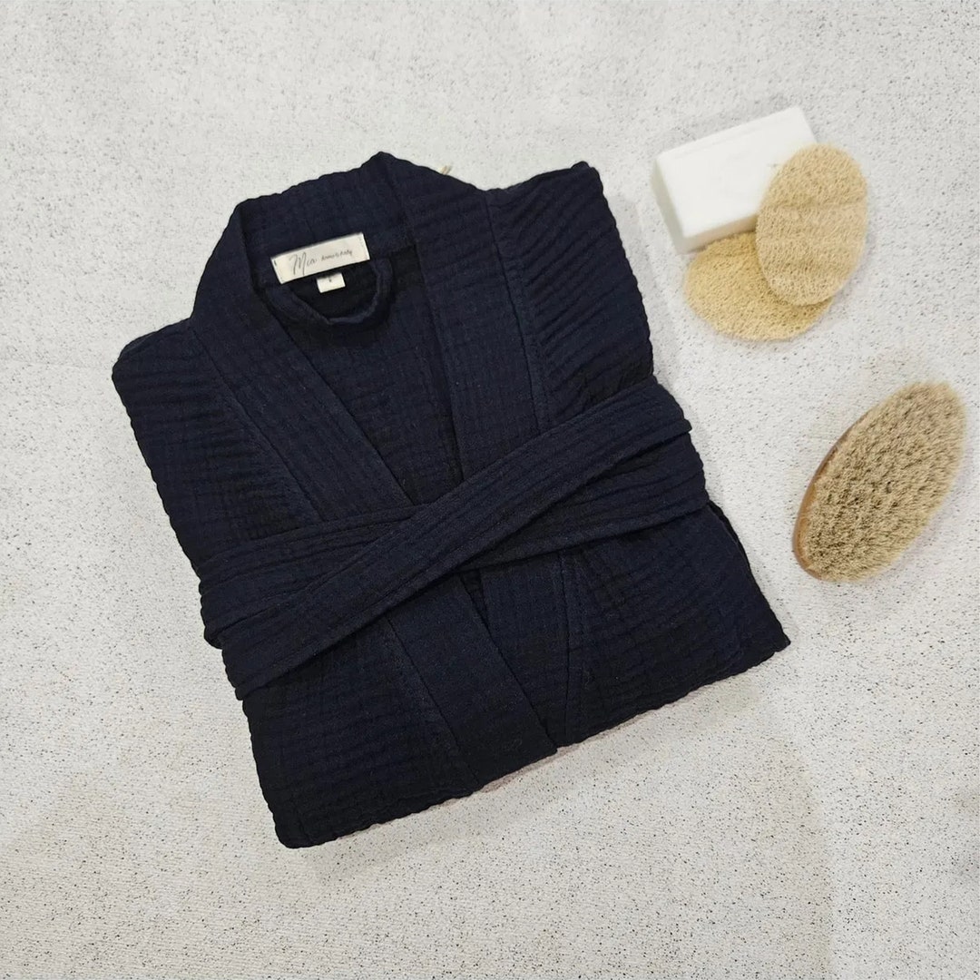 4 Layers Muslin %100 Cotton Unisex Black Colour Kimono Style Turkish ...