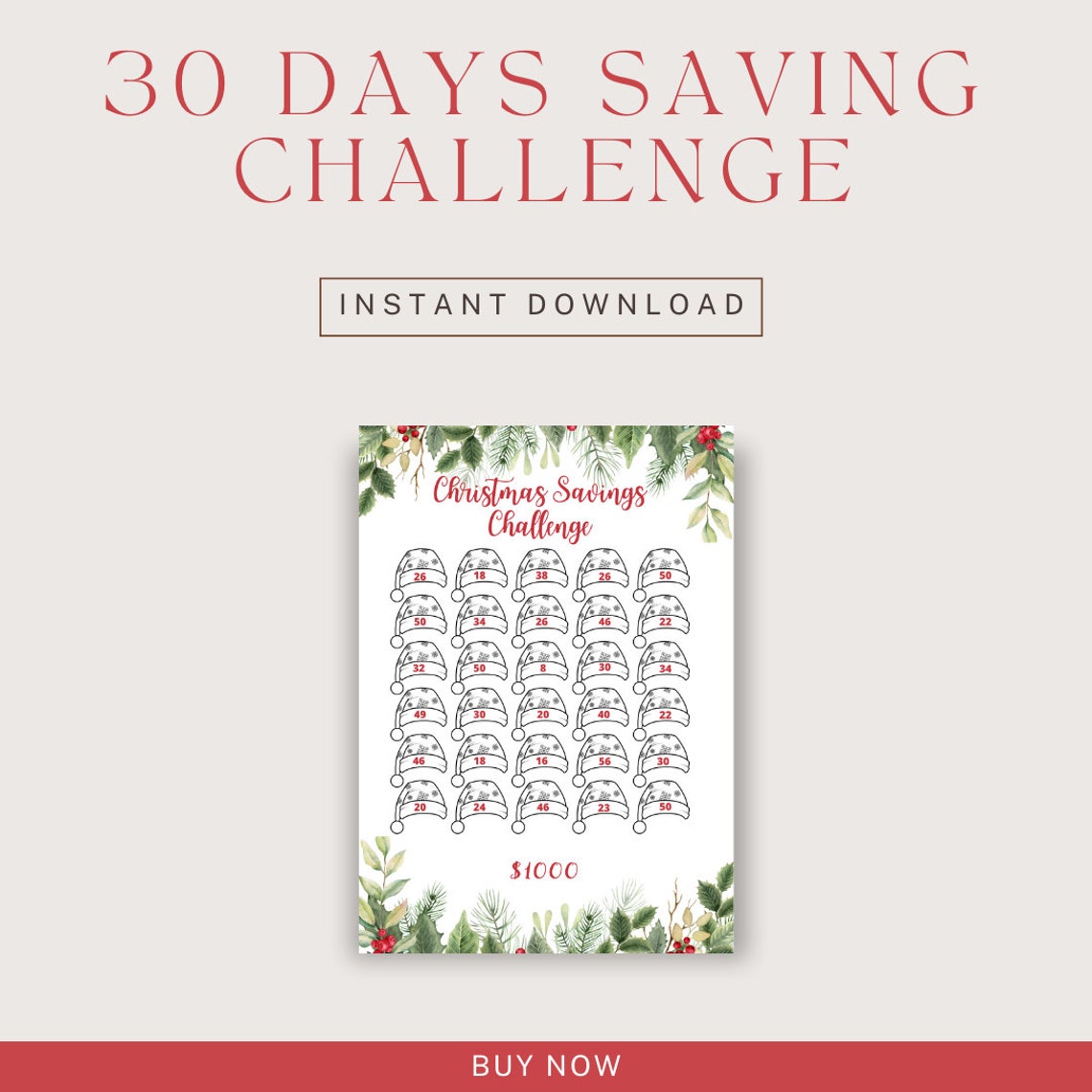 A4 Christmas Savings Challenge Printable, Christmas Savings Tracker, 30 ...