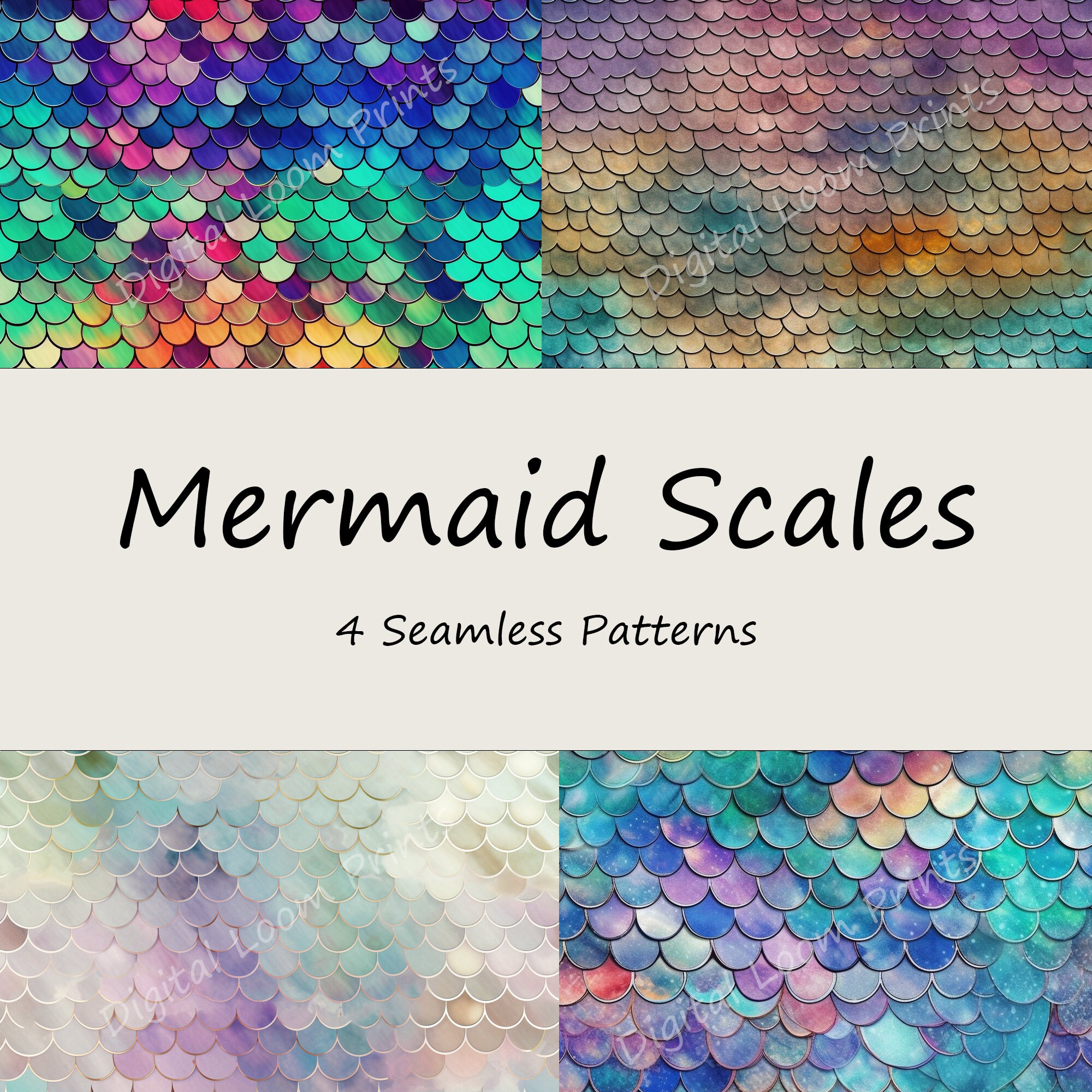 Mermaid Scales Seamless Digital Patterns 4 Pack, Iridescent Rainbow ...