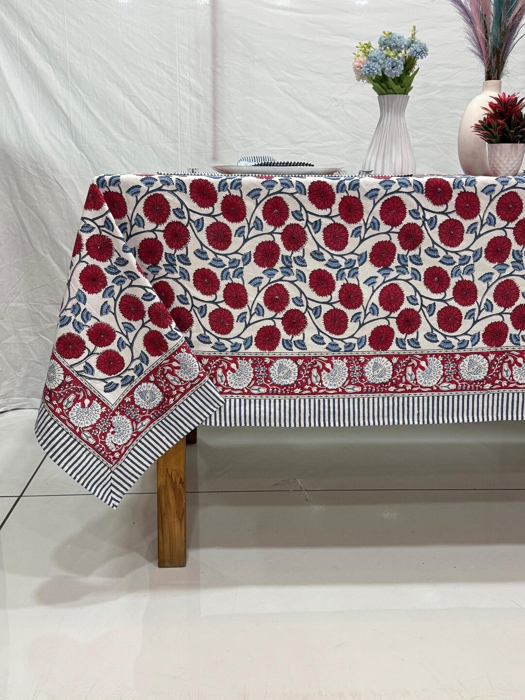 Red Flower Table Cover, Indian Hand Block Printed Tablecloth, Table ...