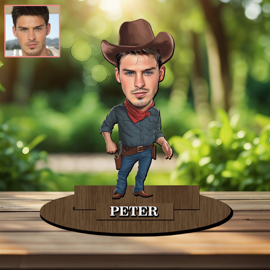 Personalized 3D Wooden Cowboy Figurine, Custom Cowboy Portrait, Cowboy ...