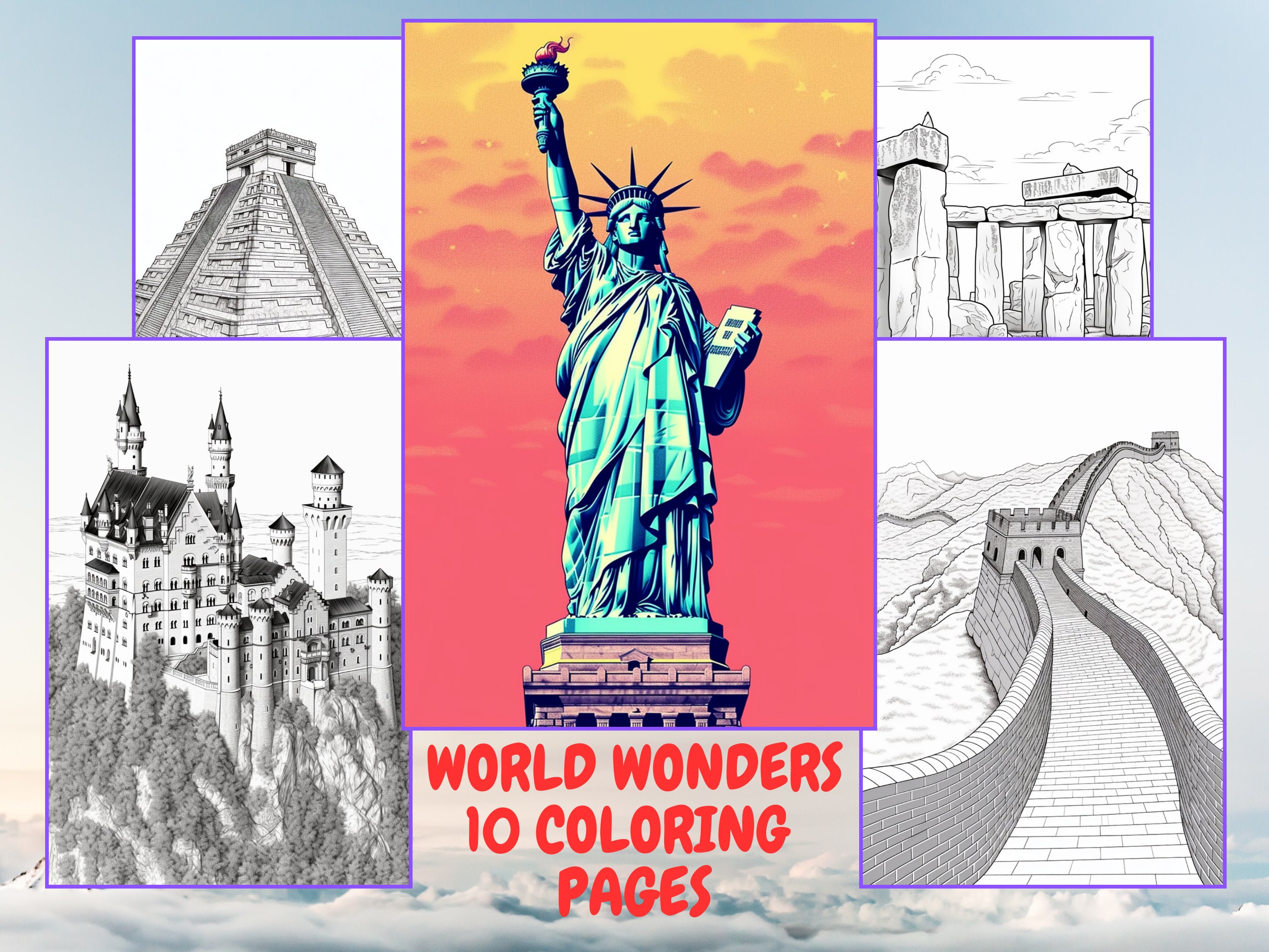 10 World Wonders Coloring Pages, Adult Coloring, Kids Coloring, Anxiety ...