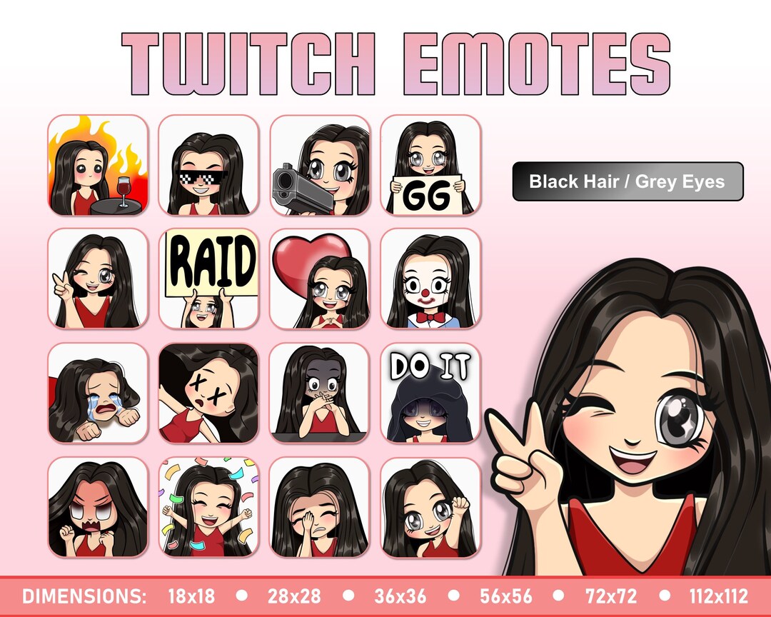 Twitch Emote, Black Hair Girl Emote, Twitch Emote Pack, Anime Emote ...