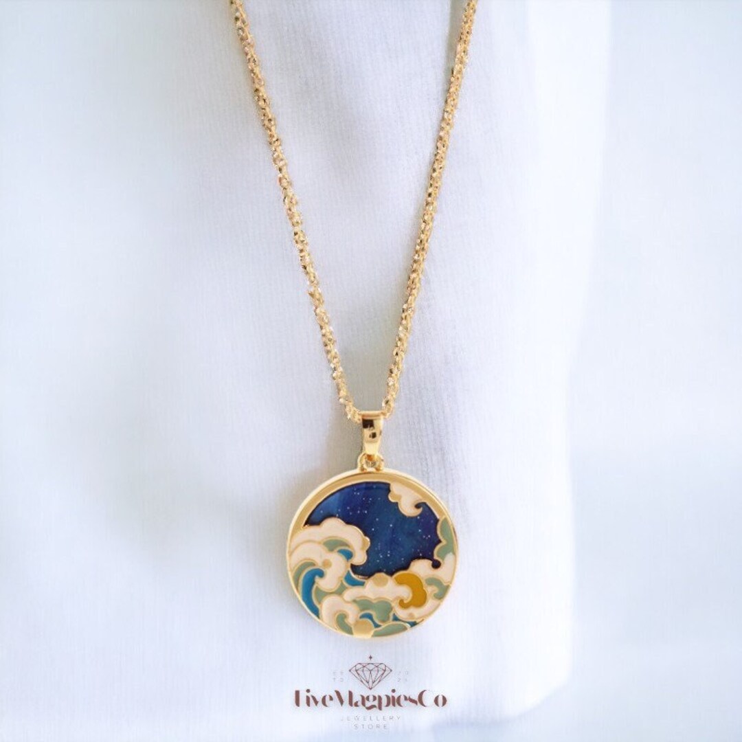 Gold Japanese Ukiyo-e Pendant Necklace | Gold Necklace | Ocean Wave ...