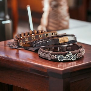 Cow Hide, Wood & Leather Motorcycle 4 Piece Bracelet | Leather Bangle ...