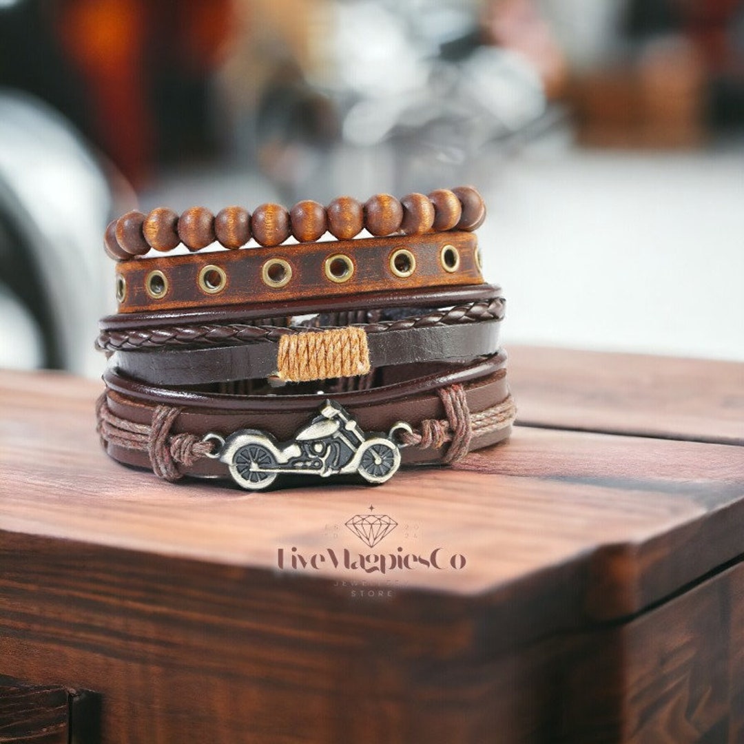Cow Hide, Wood & Leather Motorcycle 4 Piece Bracelet | Leather Bangle ...