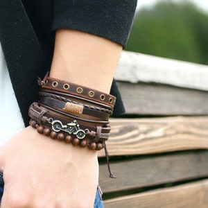Cow Hide, Wood & Leather Motorcycle 4 Piece Bracelet | Leather Bangle ...