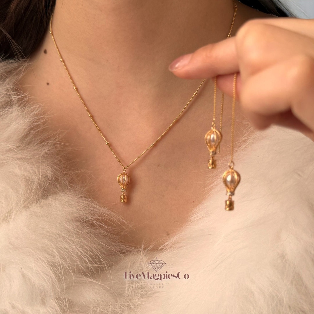 Gold Pearl Hot Air Balloon Necklace Hot Air Balloon Pendant Necklace ...