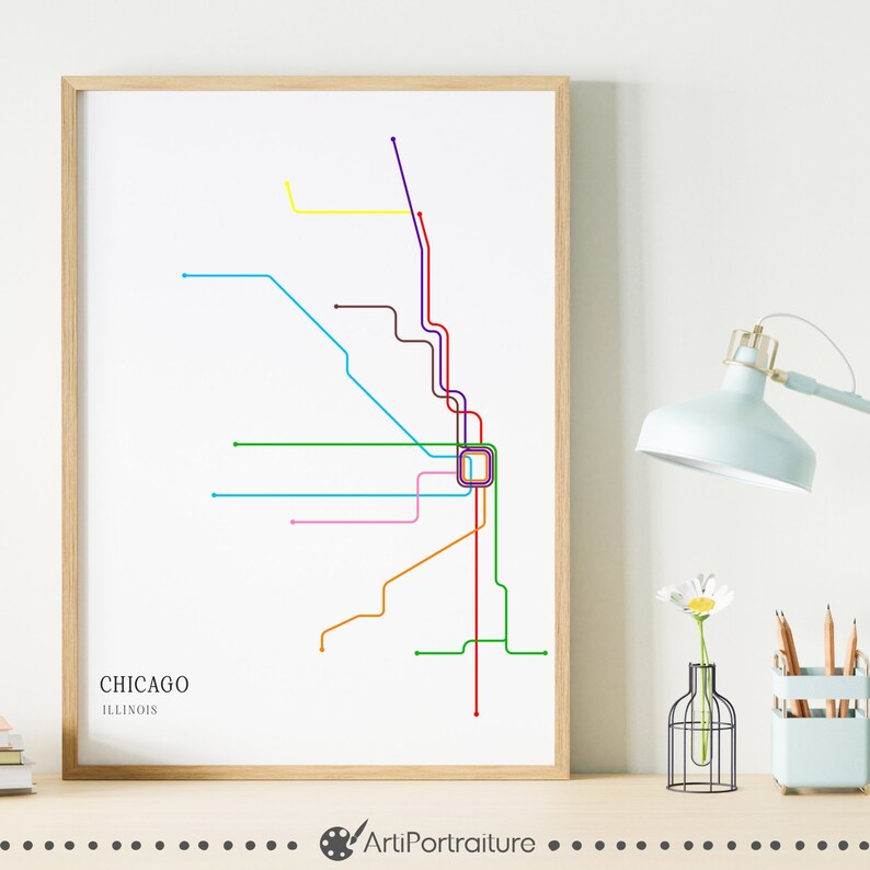 Chicago L Subway Map, Chicago L Train Map, Chicago Transit Wall Art ...