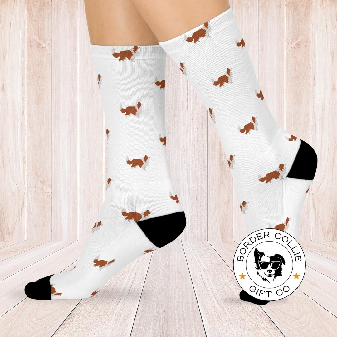 Border Collie Socks - Casual Crew Socks With Red Border Collie Print ...