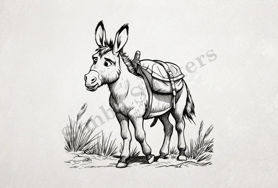Cute Smiling Donkey With Packing Outline Art PNG+SVG Transparent ...
