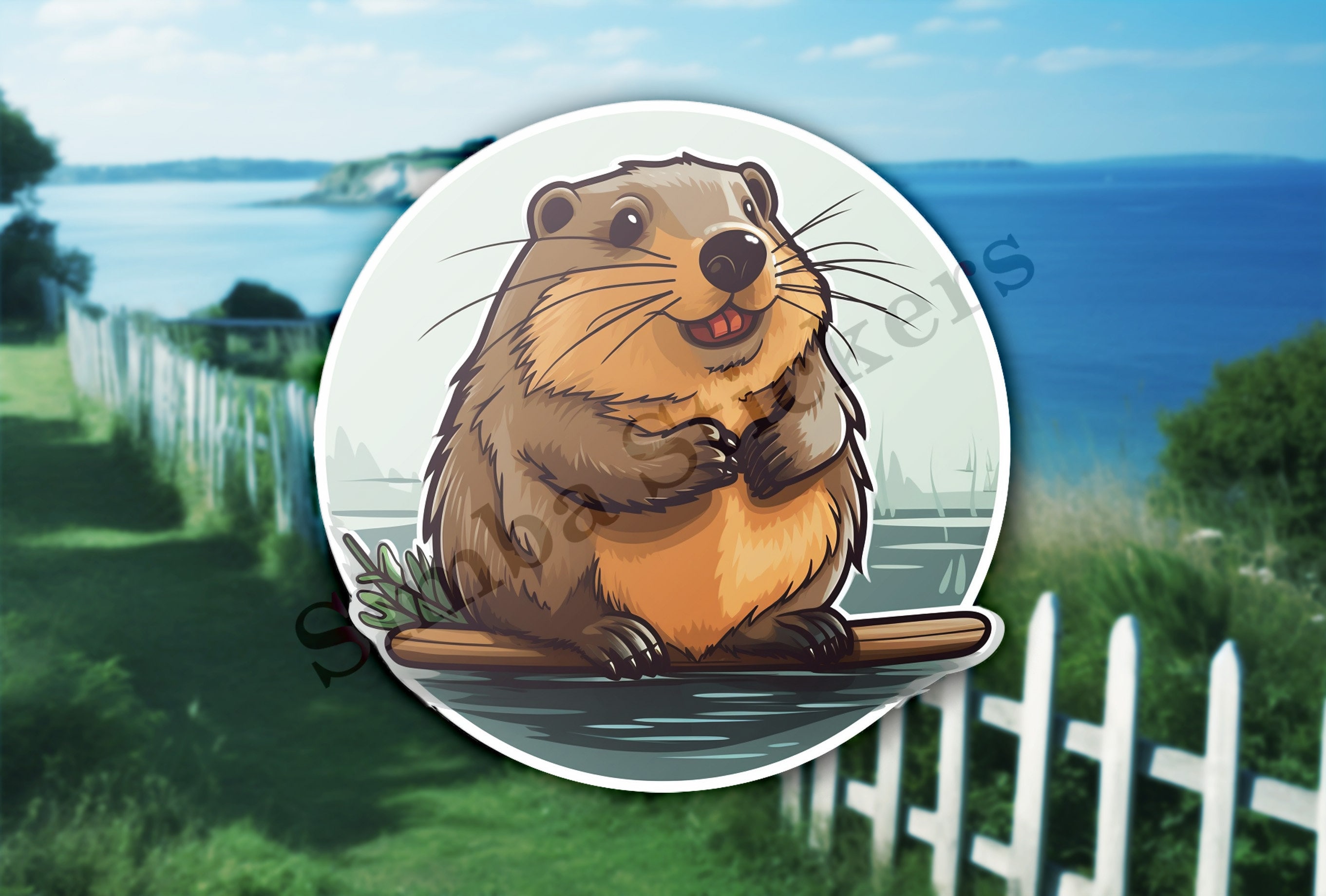 Beaver on a Log Digital Sticker PNG+SVG Fun Cartoon Sticker Rodent ...