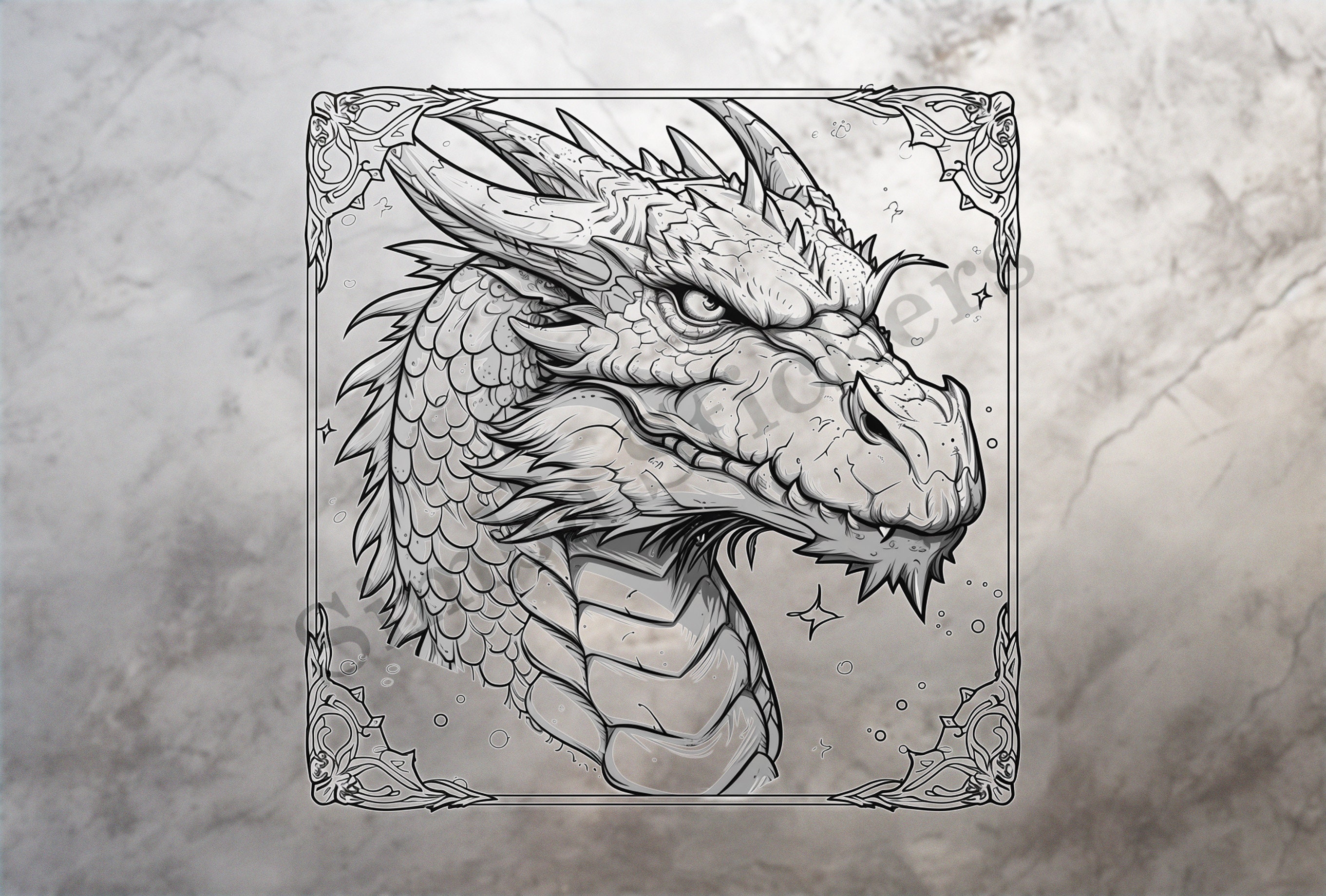 Angry-looking Dragon Framed Outline Art PNGSVG Transparent Background ...