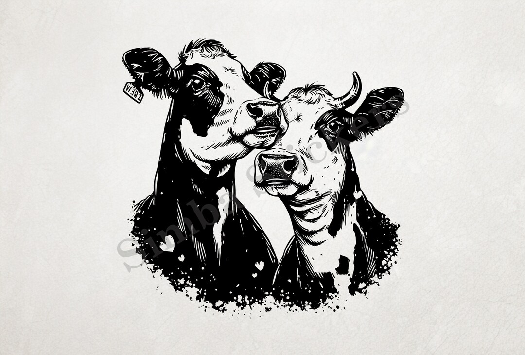 Bull and Cow Cattle in Love Cheek-to-cheek St. Valentine's Day Romantic ...