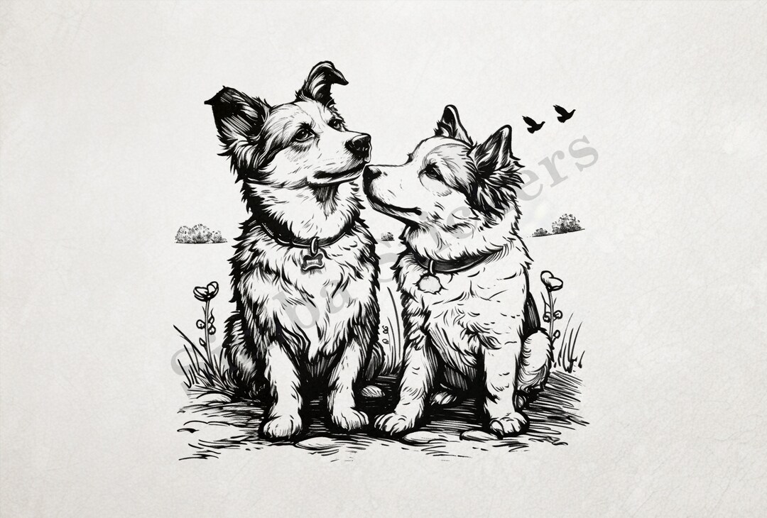 Dogs Cuddling in Love on Farm St. Valentine's Day Romantic Outline Art ...