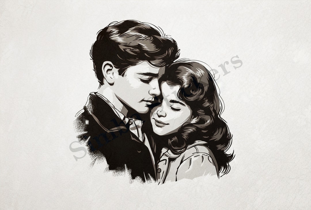 Young Couple in Warm Embrace Outline Art PNG+SVG Transparent Background ...