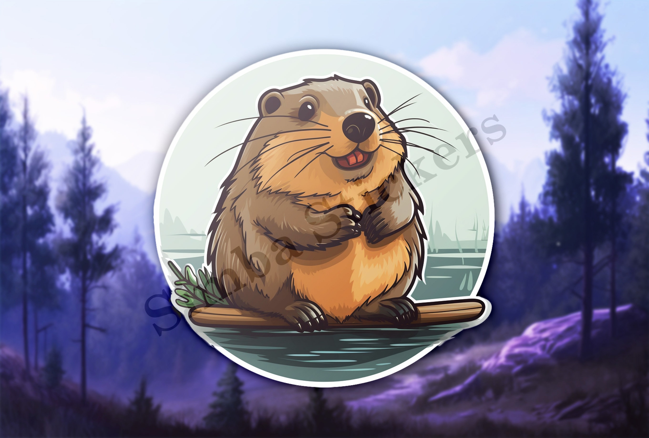 Beaver on a Log Digital Sticker PNG+SVG Fun Cartoon Sticker Rodent ...