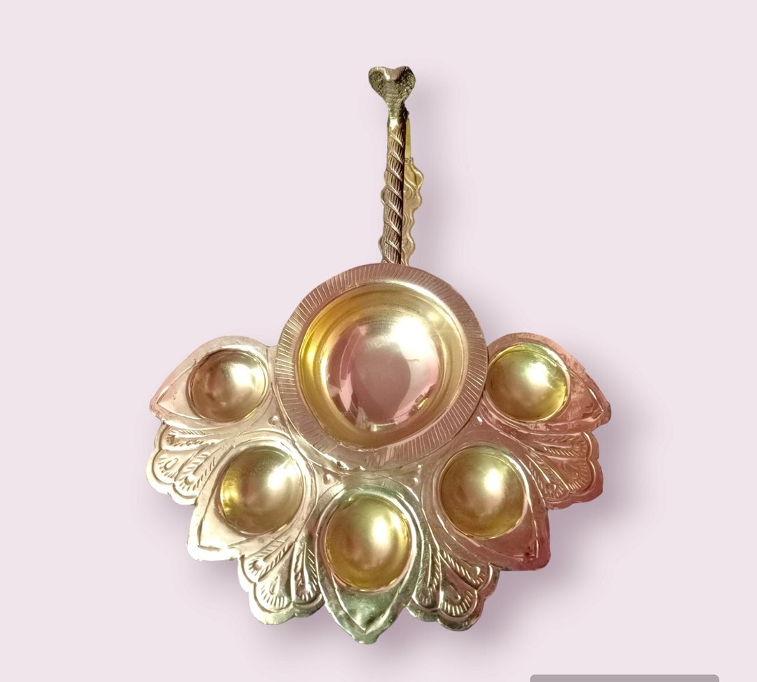 Brass Panch Aarti Diya With Stand Panchmukhi/pancha Pradip for Puja ...