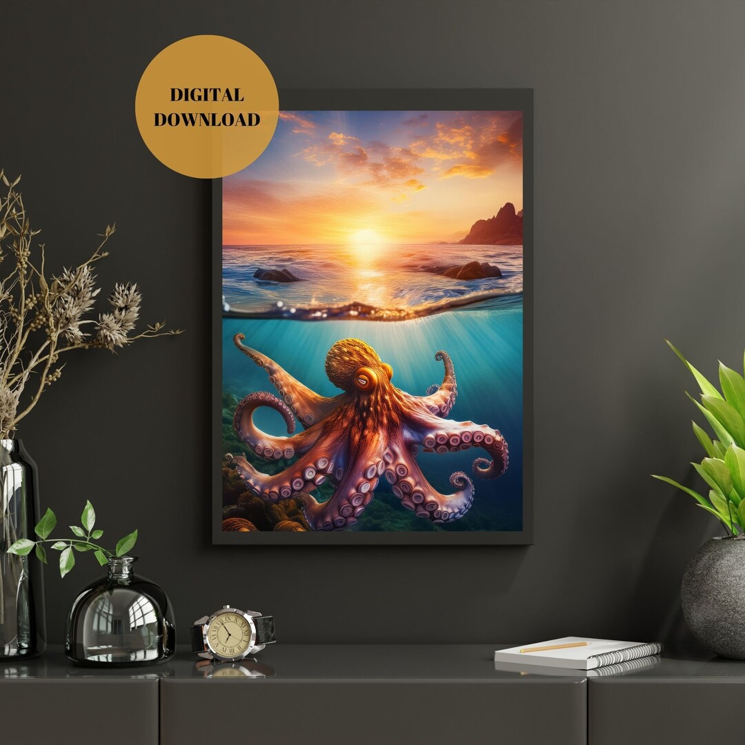 Octopus Sunset Art Print: Ocean Marine Life Decor,sea Creature Wall Art ...