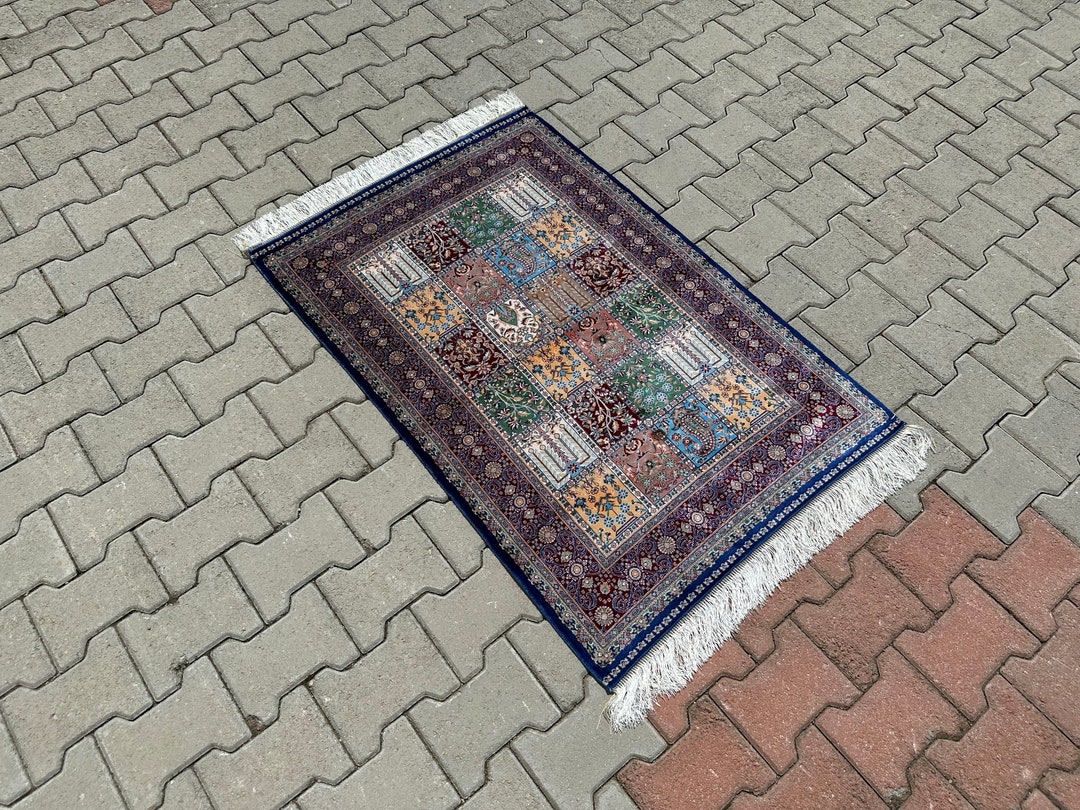 3x4 Navy Blue Silk Rug, 3x4 Gift Rug, %100 Bamboo Silk Rug, Kashmıre ...