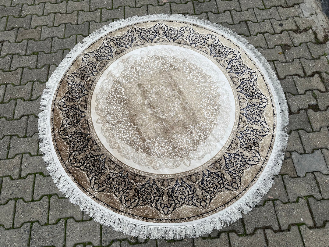 5x5 Cream Round Silk Rug, 5x5 Silk Area Rug, Circle Silk Rug, Hight ...