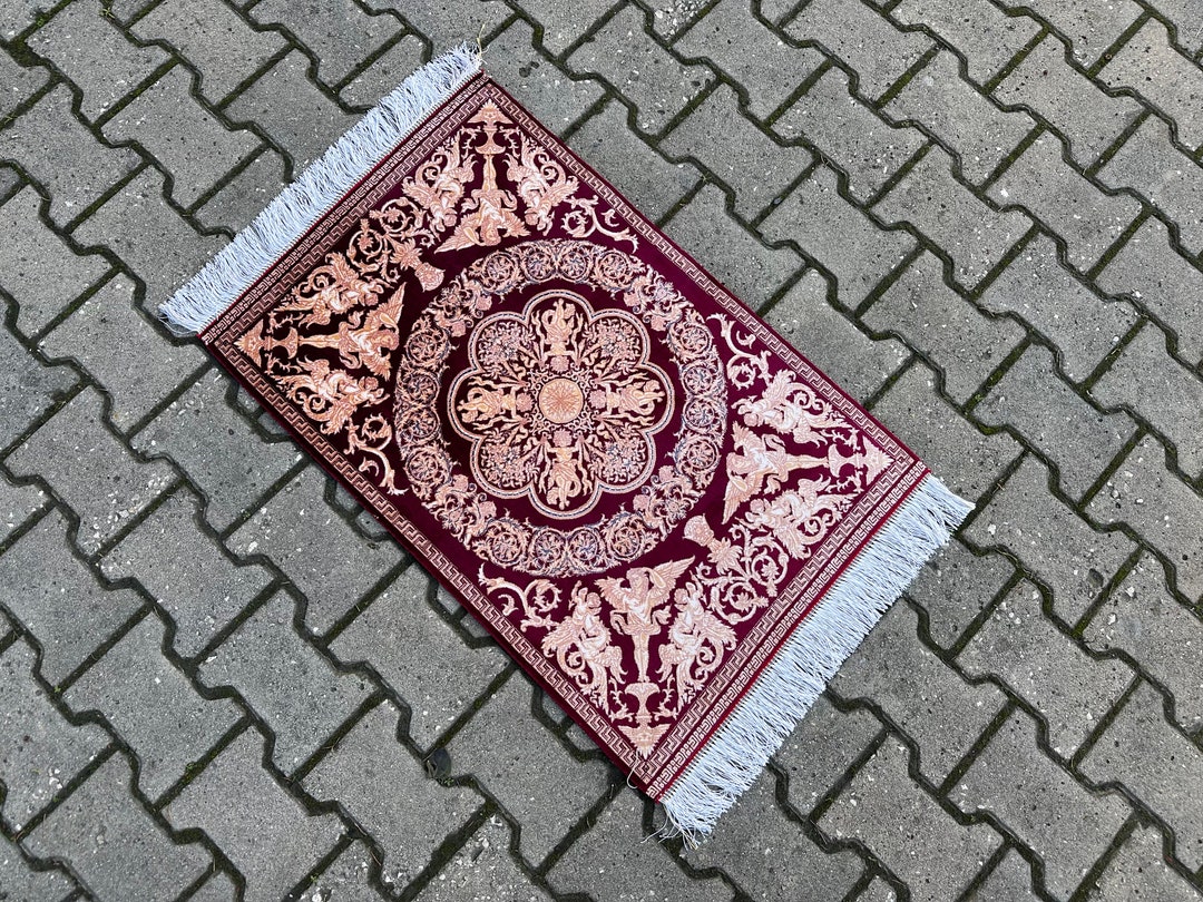 2x3 Mini Silk Rug, Red Silk Rug, 2x3 Gift Silk Rug, Angel Patterned ...