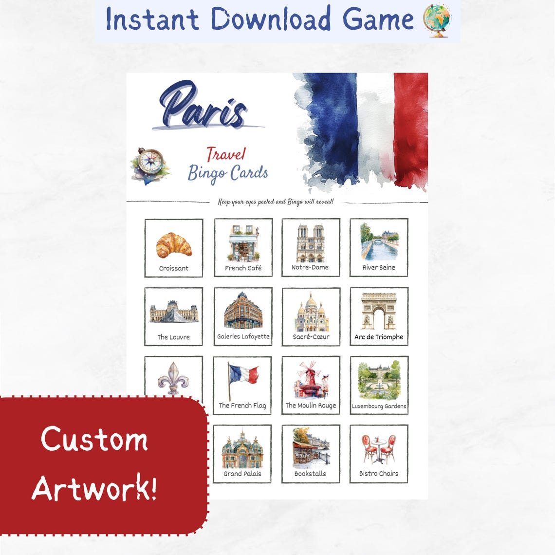 Pairs Travel Bingo for Kids | France Bingo Game | Paris Bingo Game ...