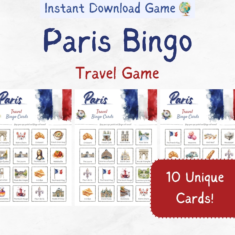 Pairs Travel Bingo for Kids | France Bingo Game | Paris Bingo Game ...