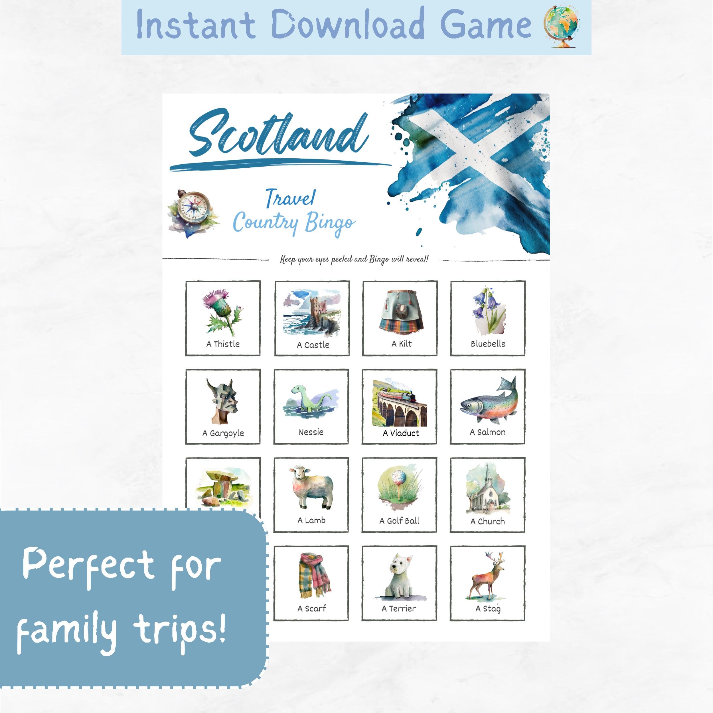 Scotland Travel Bingo for Kids | Scotland Bingo Game | Travel Family ...